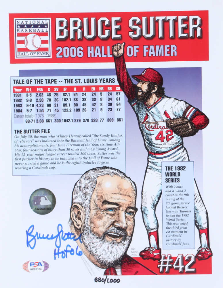 Bruce Sutter Signed LE Cardinals Hall Of Fame 8x10 Photo Inscribed "HOF ...