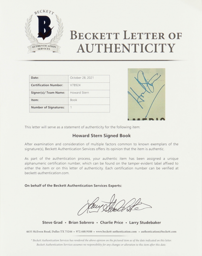 Howard Stern Signed "Miss America" Hardcover Book (Beckett) | Pristine ...