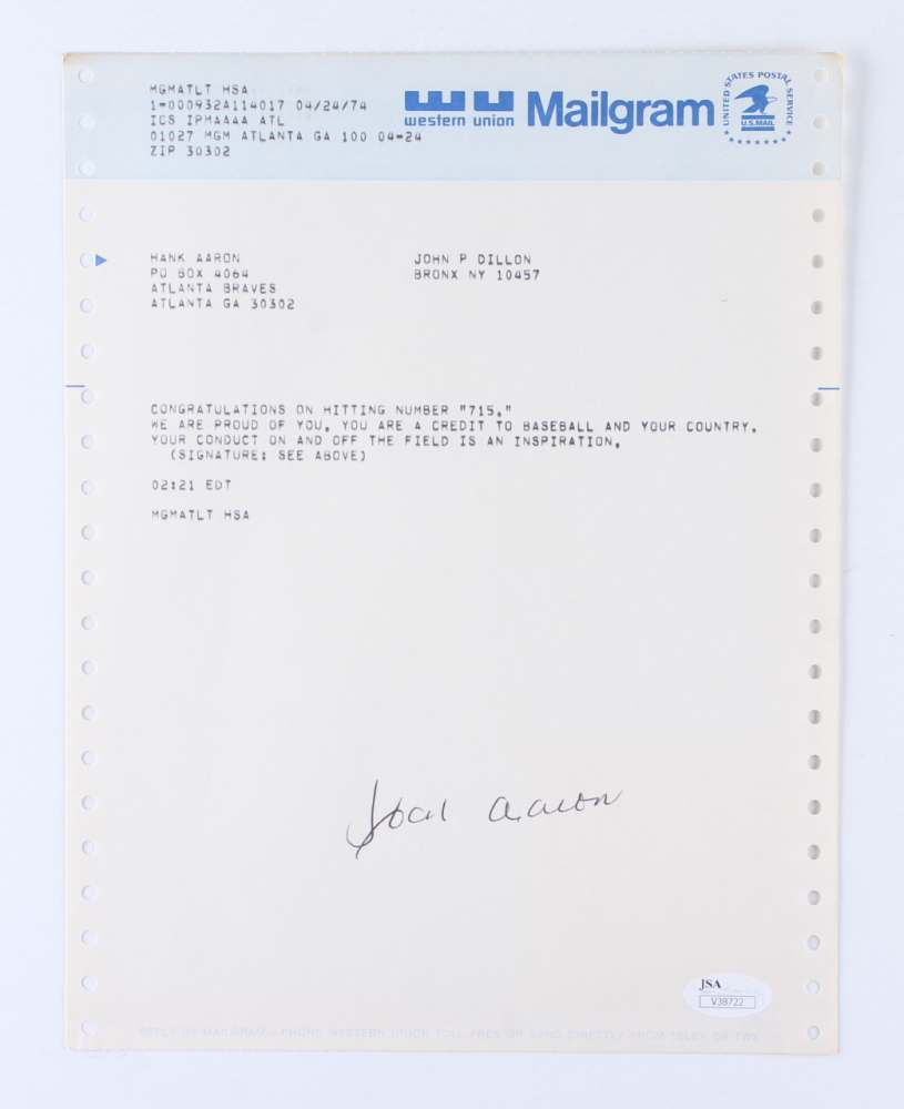 Hank Aaron Signed Original 1974 Mailgram 8x10 Typed Letter (JSA ...