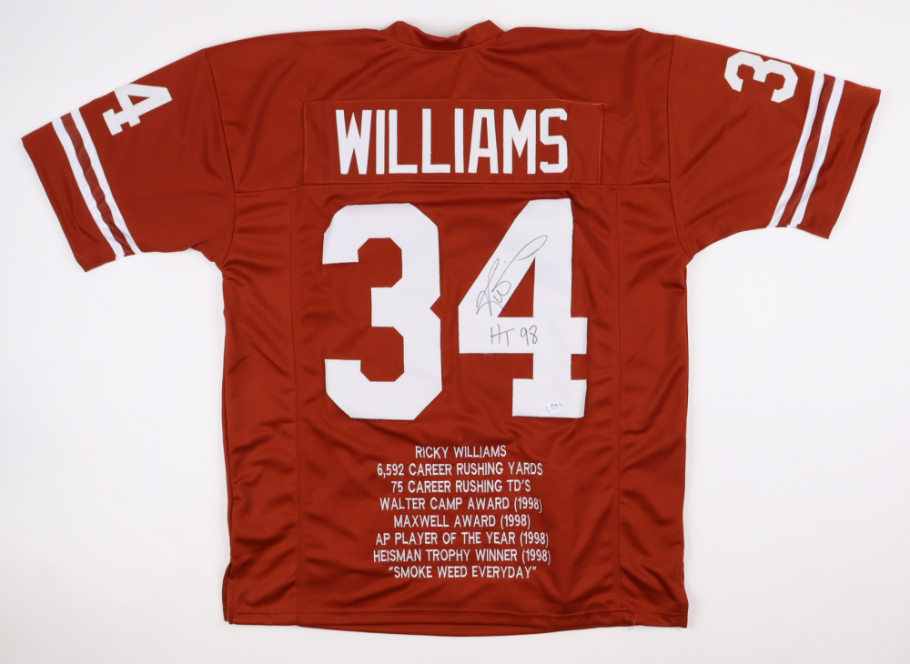 Ricky Williams Signed Career Highlight Stat Jersey Inscribed "HT98 ...