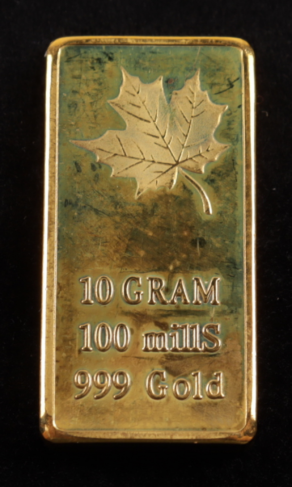 10 Gram Canadian Maple Leafs .999 Gold Clad Bar | Pristine Auction