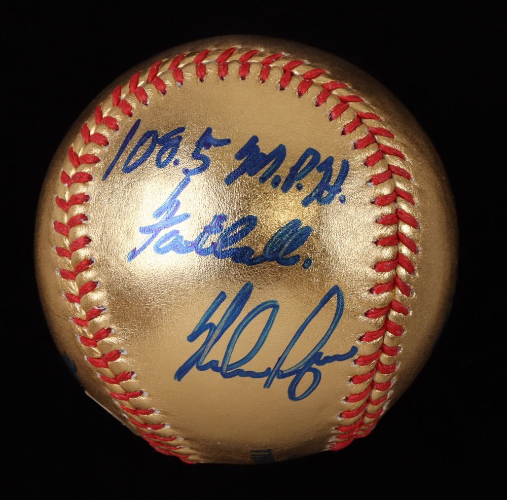 Nolan Ryan Signed Gold OML Baseball Inscribed "108.5 M.P.H. Fastball" with Display Case (PSA ...