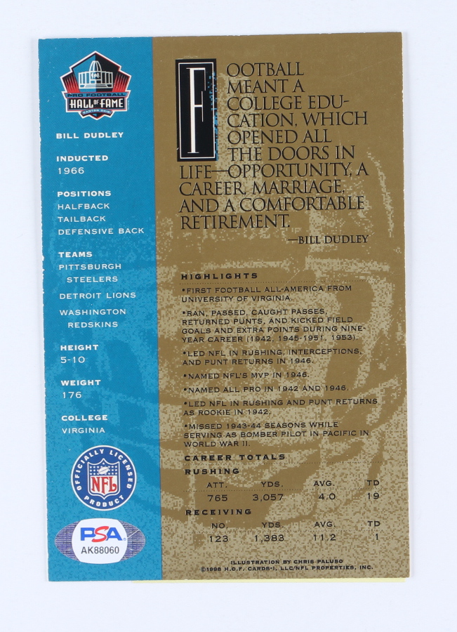 Bill Dudley Signed Hall of Fame Signature Series Card Inscribed "Bullet ...