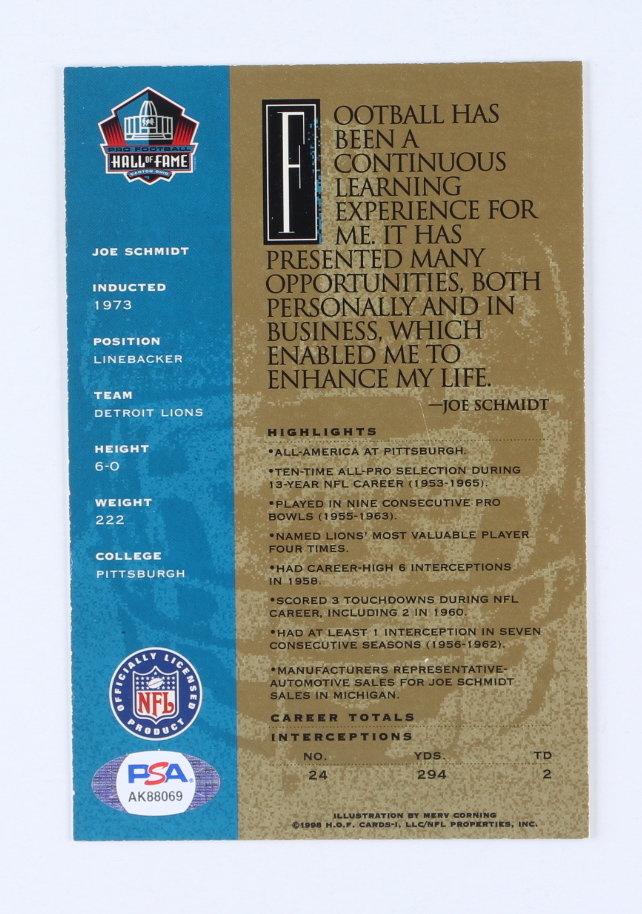 Joe Schmidt Signed Hall of Fame Signature Series Card Inscribed "HOF 73 ...