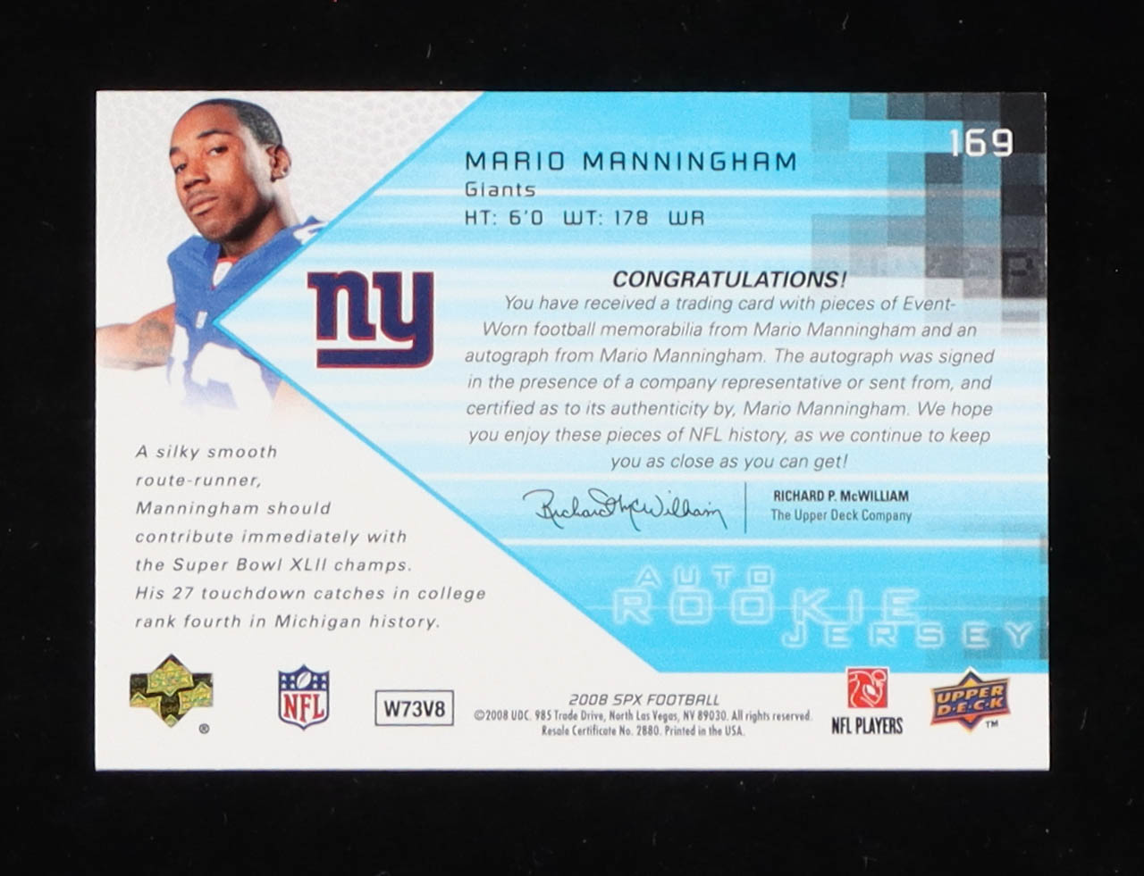Mario Manningham 2008 SPx #169 Jersey Autograph RC #66/599 | Pristine ...