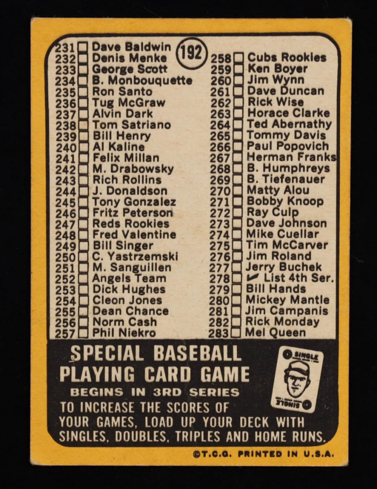 Carl Yastrzemski 1968 Topps #192B Checklist 3 / Special Baseball ...