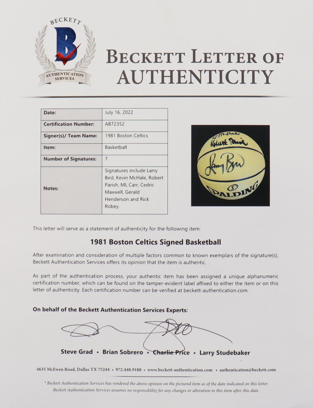 1980-81 Celtics NBA Basketball Team-Signed by (7) with Larry Bird ...