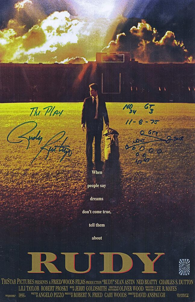 Rudy Ruettiger Signed "Rudy" 11x17 Movie Poster Inscribed "The Play ...