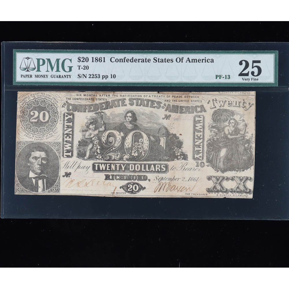 1861 $20 Twenty Dollar Confederate States of America Currency Note (PMG ...