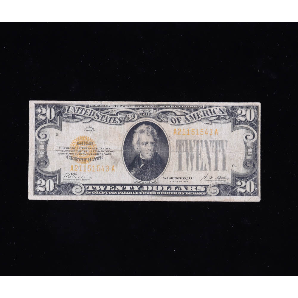 1928 $20 Twenty Dollar U.S. Gold Certificate Bank Note | Pristine Auction