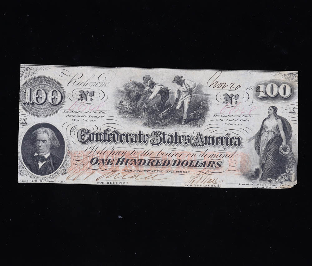 1862 $100 Hundred Dollar Confederate States of America Currency Note ...