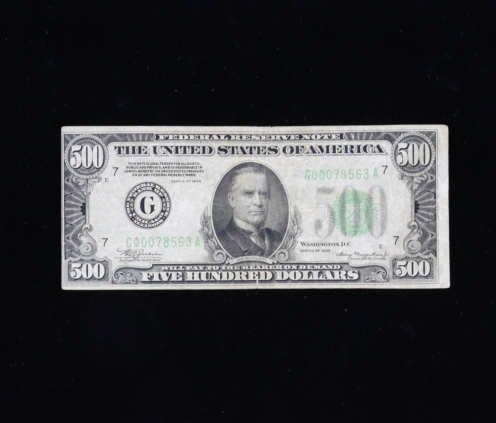 1934 $500 Five Hundred Dollar Green Seal U.S. Federal Reserve Note ...
