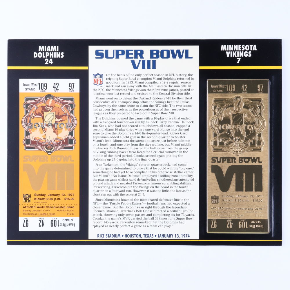 1974 Commemorative Super Bowl VIII Card with Ticket: Dolphins vs ...