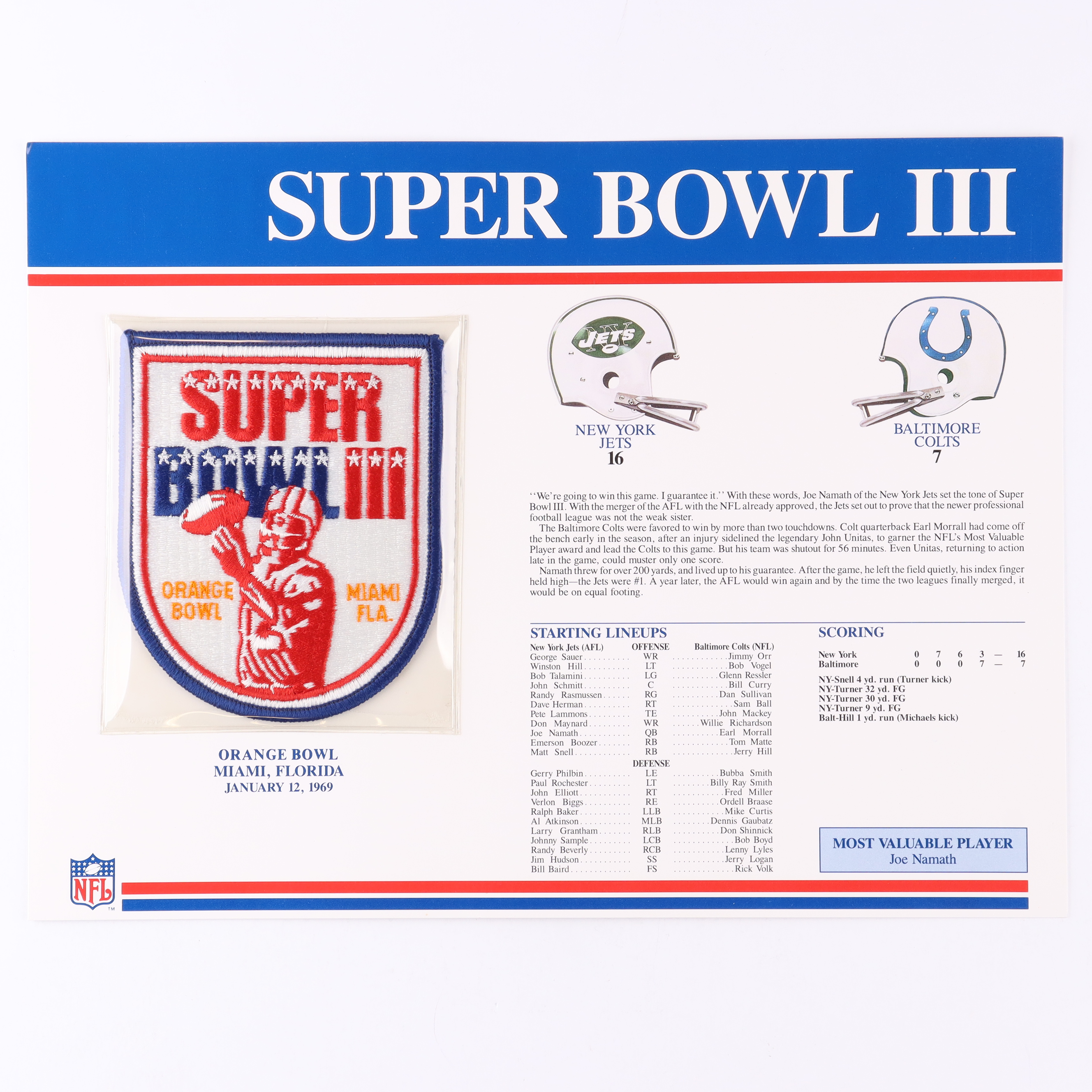 Official NFL 1969 Super Bowl III Patch Card with 9x12 Scorecard ...