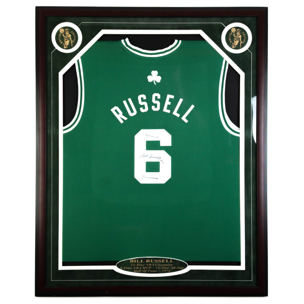 Bill Russell Signed Custom Framed Jersey Display Inscribed "5x MVP ...