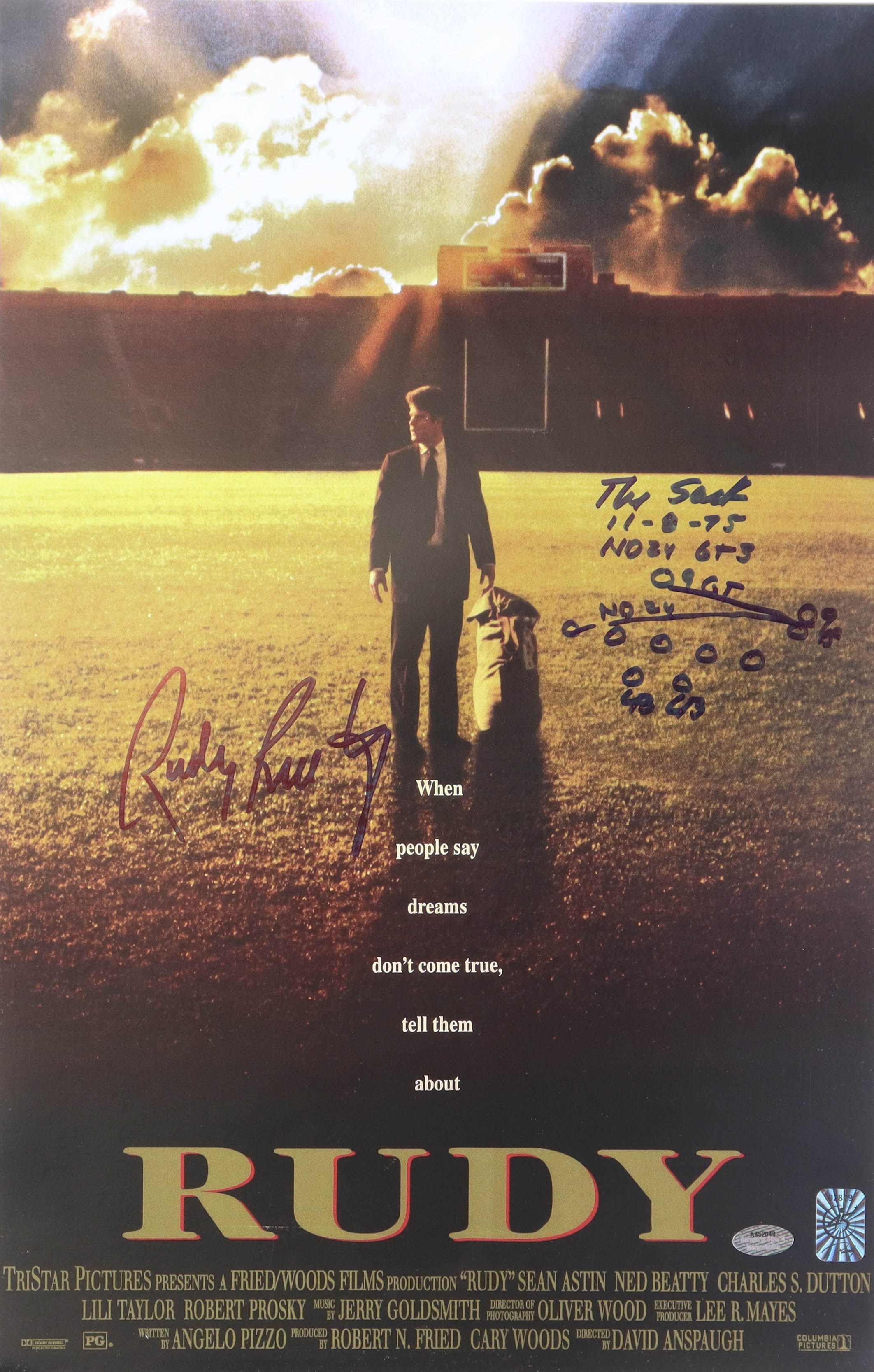 Rudy Ruettiger Signed "Rudy" 11x17 Movie Poster With Sack Play Sketch ...