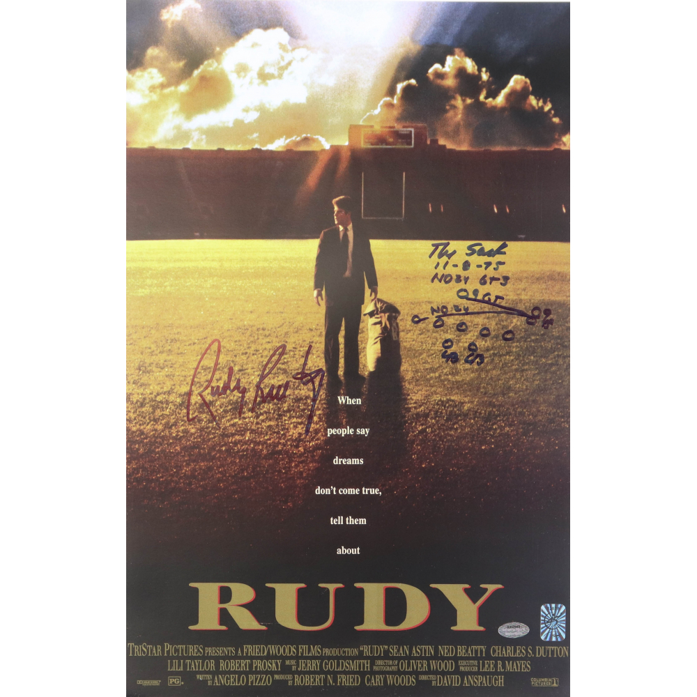 Rudy Ruettiger Signed "Rudy" 11x17 Movie Poster With Sack Play Sketch ...