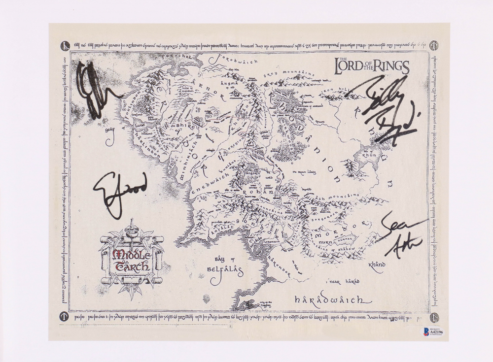 "The Lord Of The Rings" 14x19 Print On Canvas Map Signed by (4) with ...