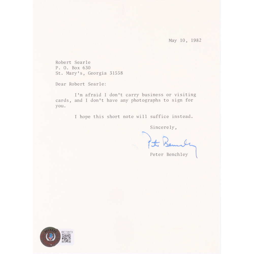 Peter Benchley Signed 6x8 Letter (JSA) | Pristine Auction