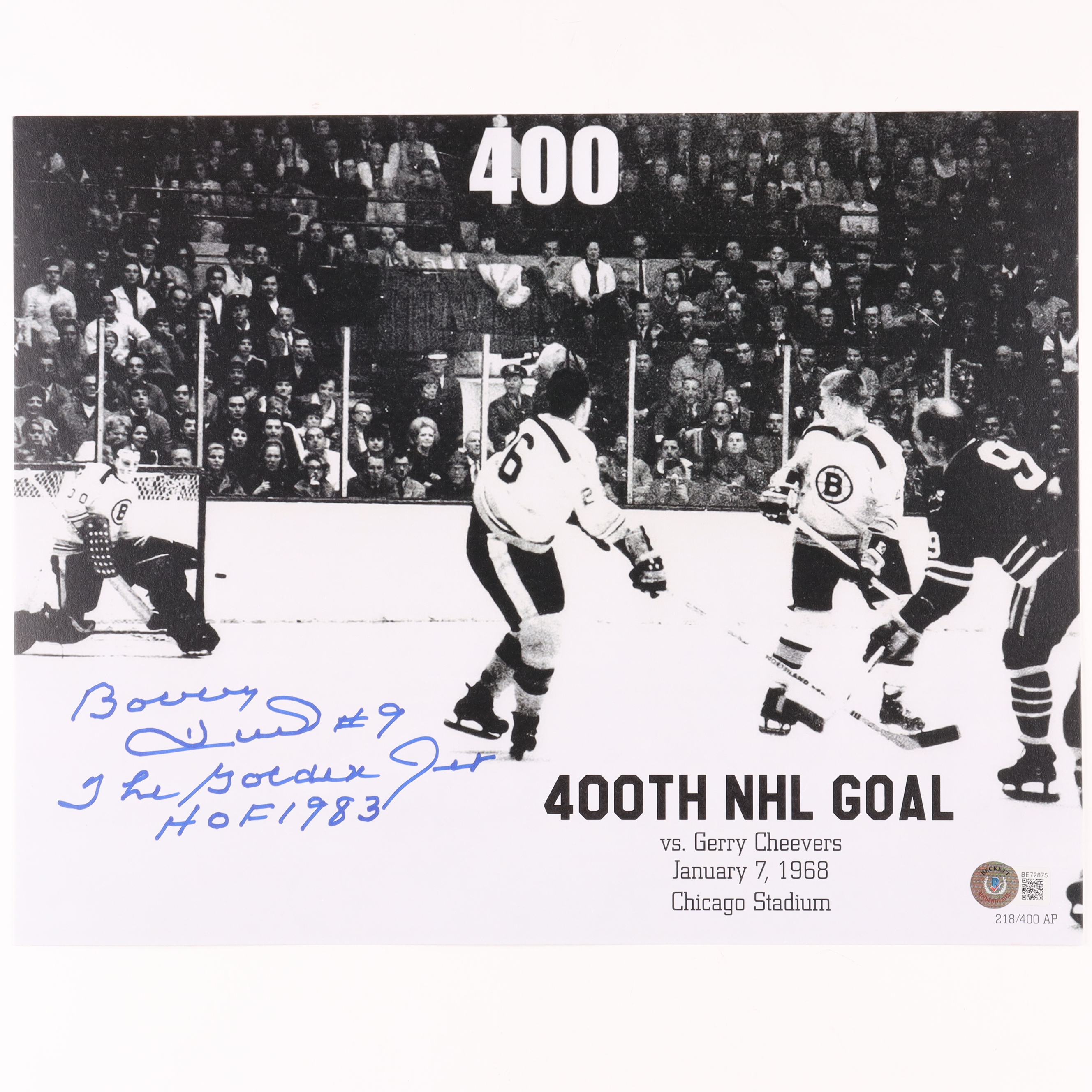 Bobby Hull Signed Blackhawks 400th NHL Goal 11x14 Photo Inscribed "The ...