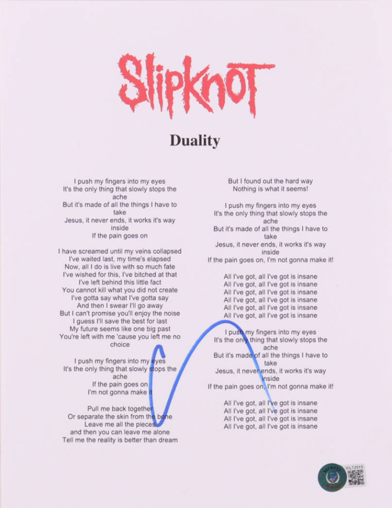 Corey Taylor Signed Slipknot "Duality" 8.5x11 Lyric Sheet (Beckett ...