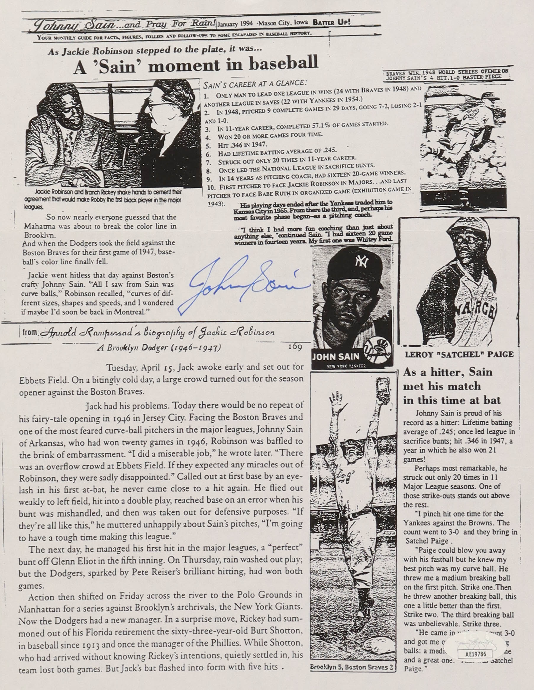Johnny Sain Signed 8x10 Newspaper Clipping (JSA) | Pristine Auction