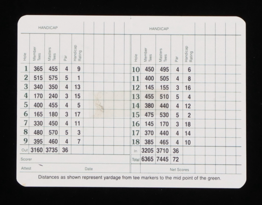 Arnold Palmer Signed Augusta National Golf Club Score Card Inscribed ...