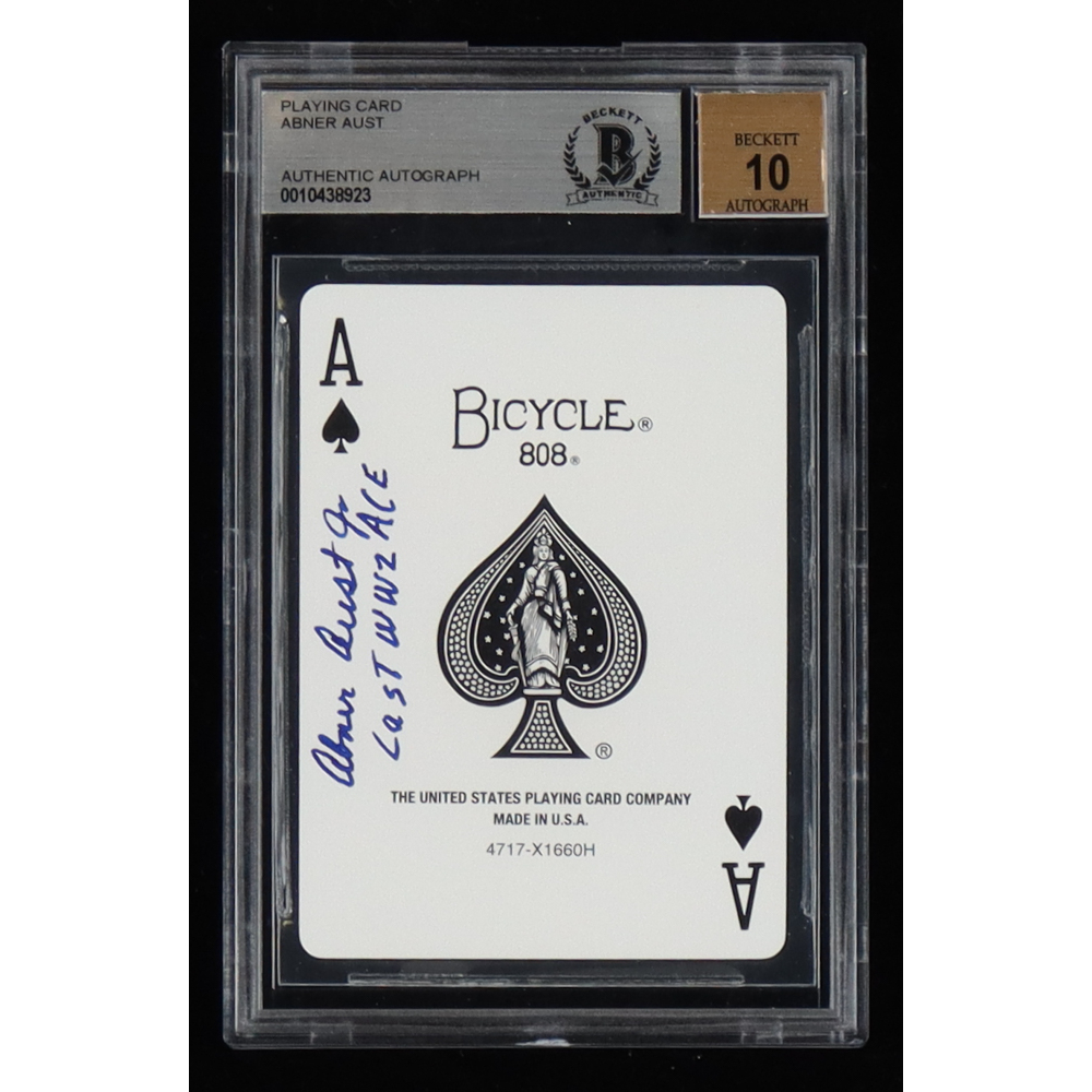 Abner M. Aust Signed Ace of Spades Playing Card Inscribed "Last WW2 Ace ...