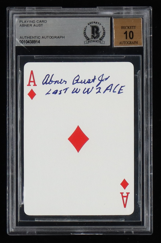Abner M. Aust Signed Ace of Diamonds Playing Card Inscribed "Last WW2 ...