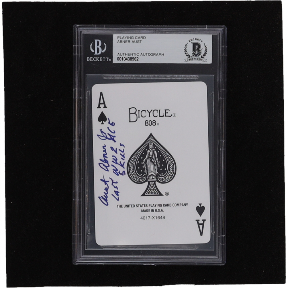 Abner Aust Signed Playing Card Inscribed "Last WW2 Ace" & "5 Kills ...