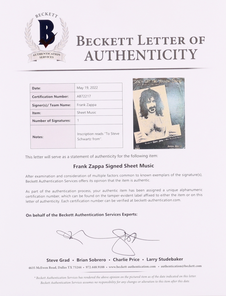 Frank Zappa Signed "Don't Eat the Yellow Snow" Sheet Music (Beckett ...