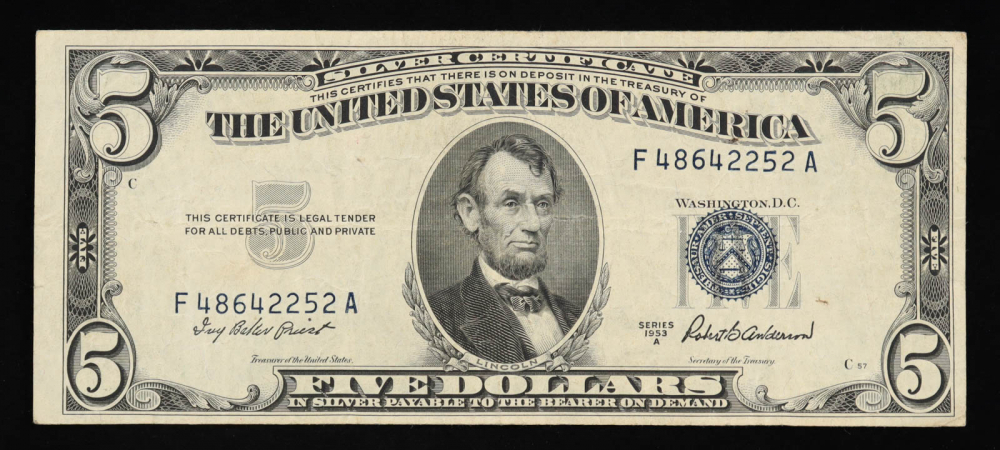 1953-A $5 Five Dollar U.S. National Currency Blue Seal Bank Note ...