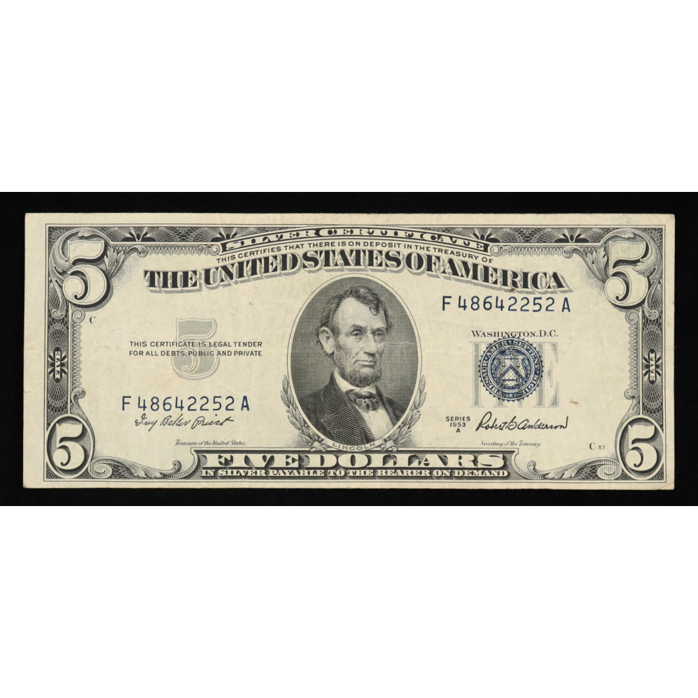 1953-A $5 Five Dollar U.S. National Currency Blue Seal Bank Note ...