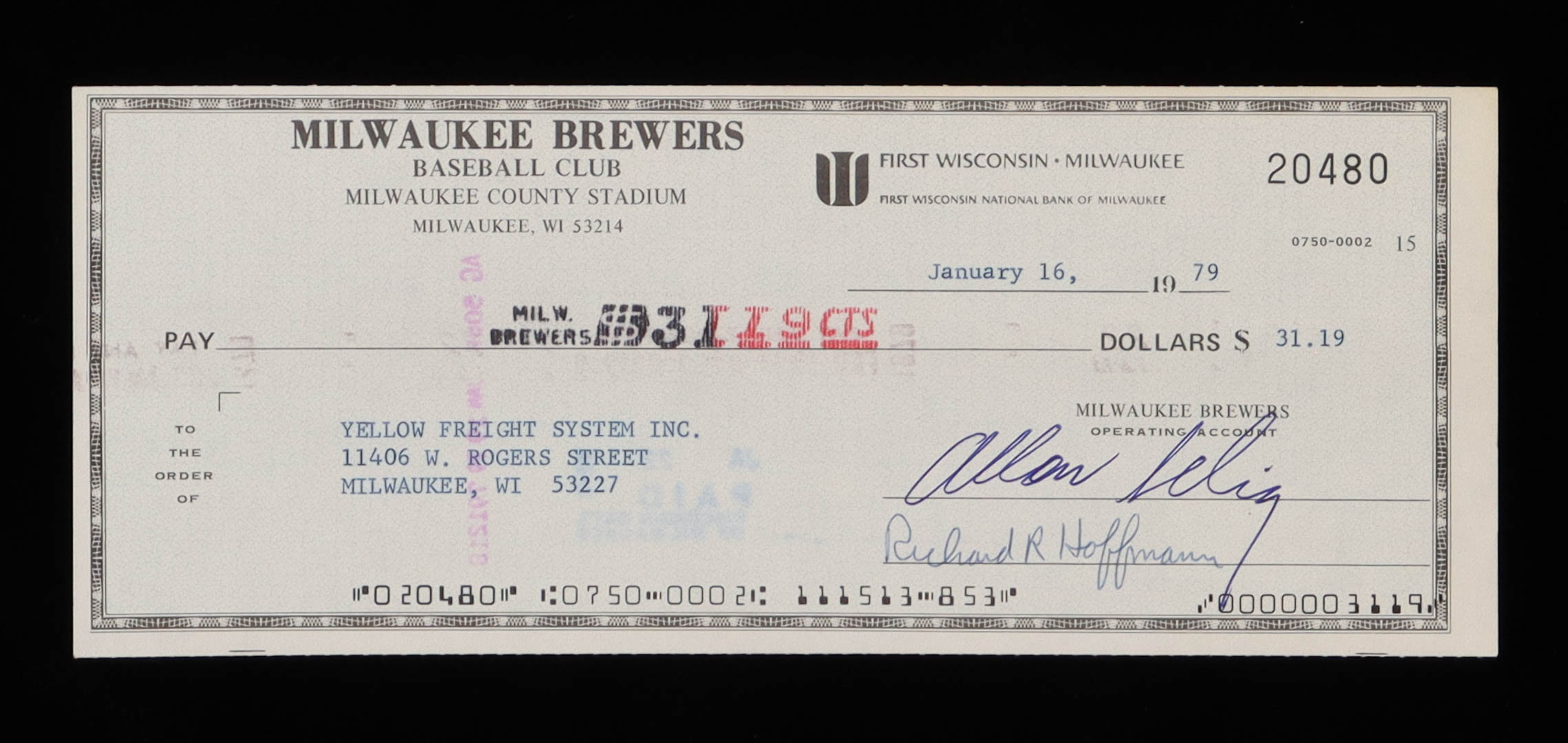 Bud Selig Signed Brewers 1979 Business Check (Beckett) | Pristine Auction