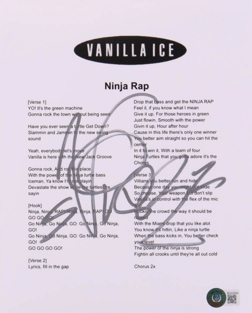 Vanilla Ice Signed "Ninja Rap" 8x10 Lyric Sheet (Beckett) | Pristine ...
