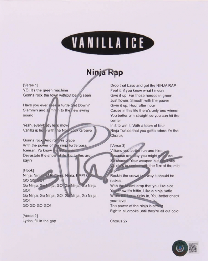 Vanilla Ice Signed "Ninja Rap" 8x10 Lyric Sheet (Beckett) | Pristine ...