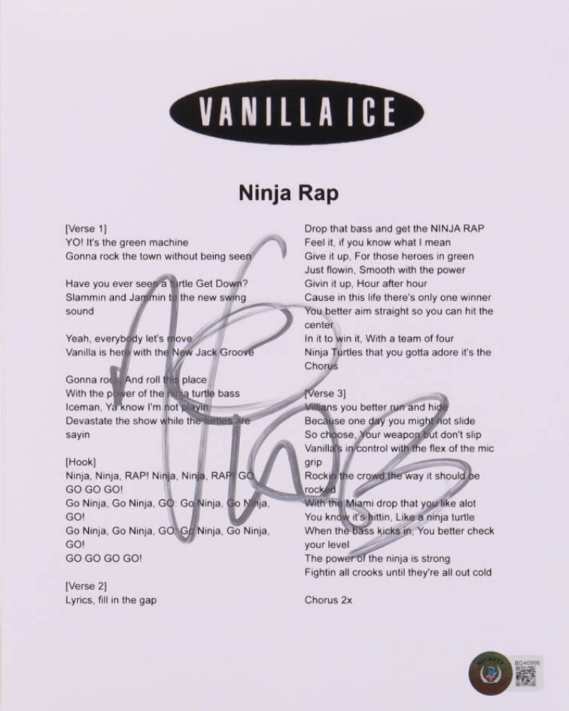 Vanilla Ice Signed "Ninja Rap" 8x10 Lyric Sheet (Beckett) | Pristine ...
