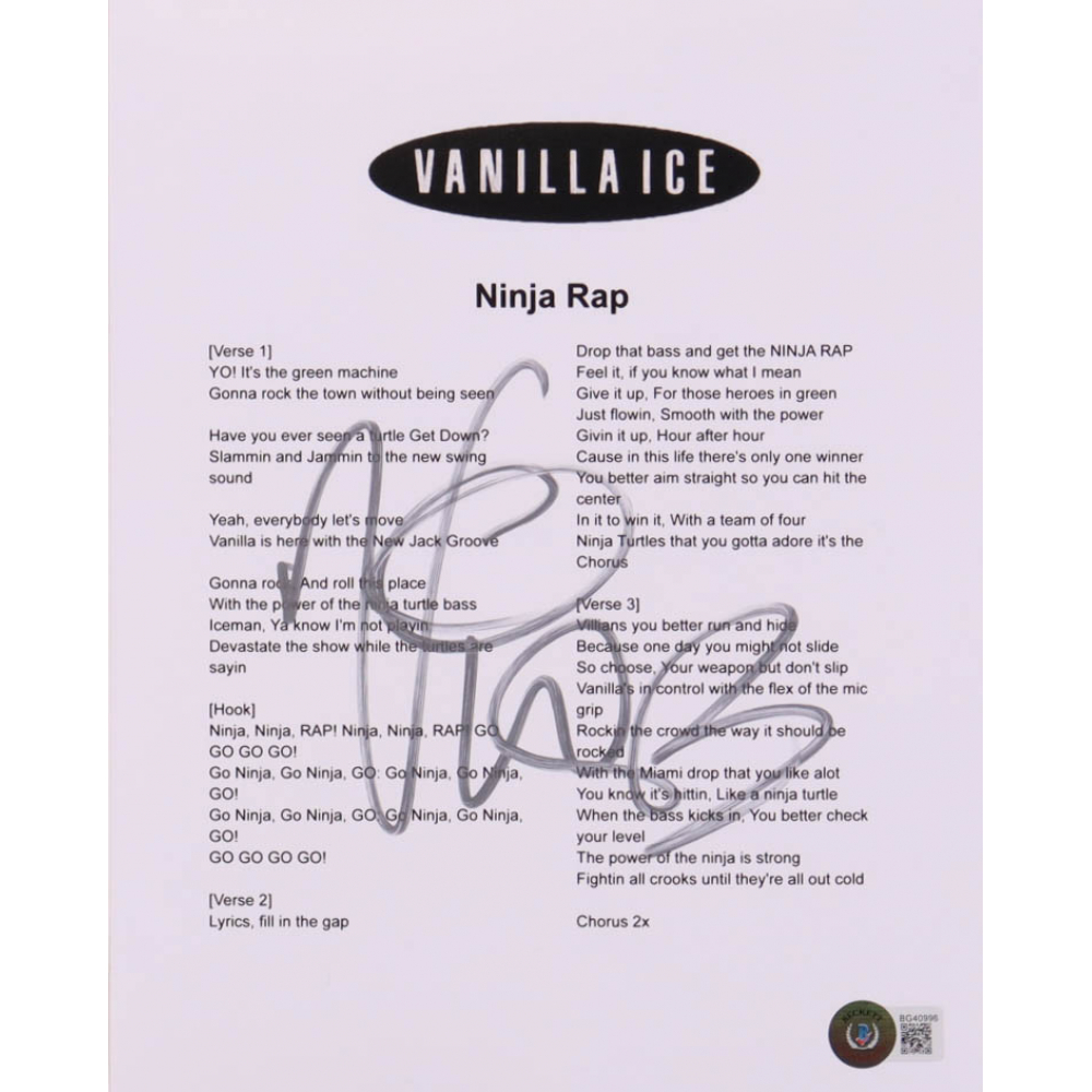 Vanilla Ice Signed "Ninja Rap" 8x10 Lyric Sheet (Beckett) | Pristine Auction