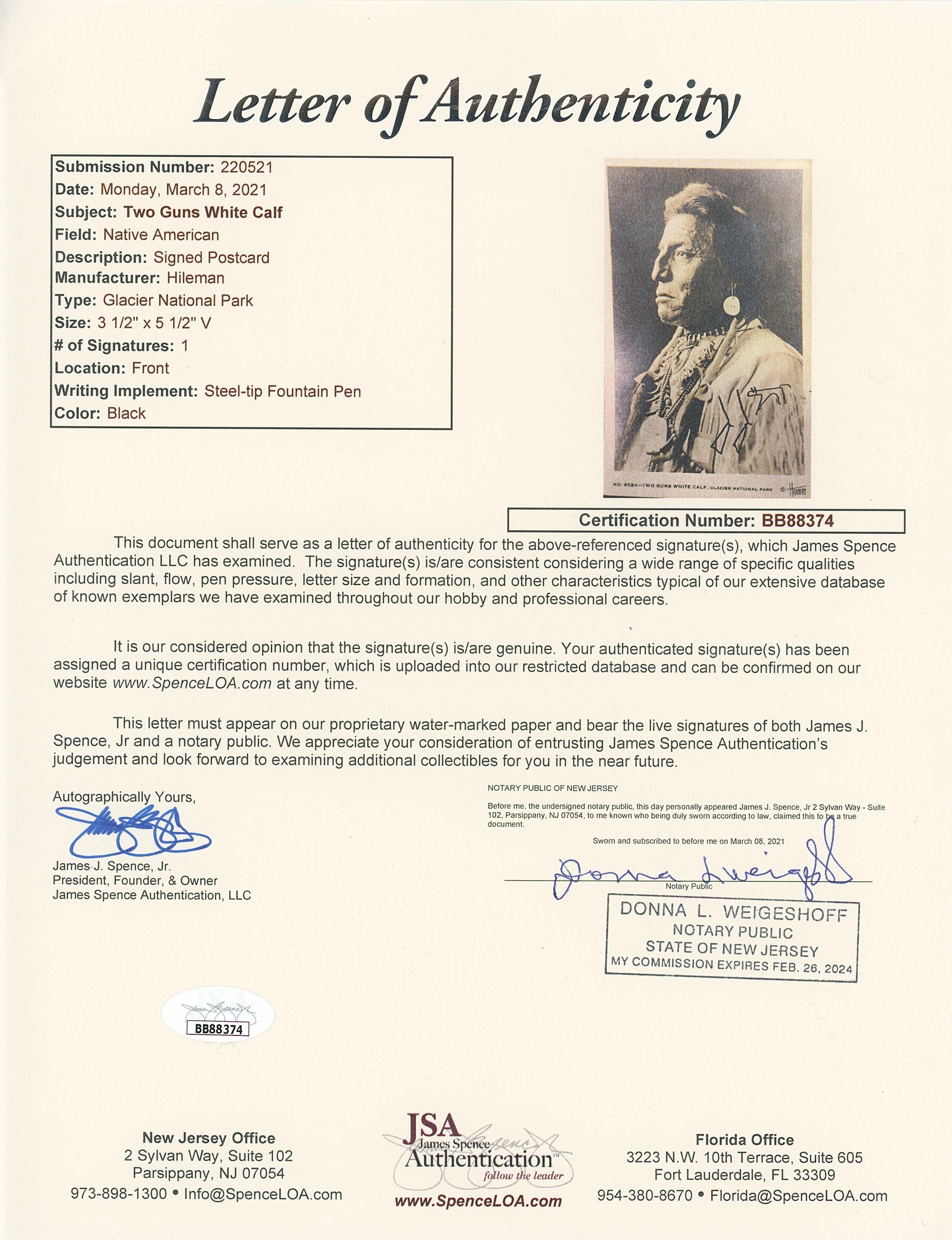 Two Guns White Calf Signed 4 x 6 Postcard Photo (JSA) | Pristine Auction