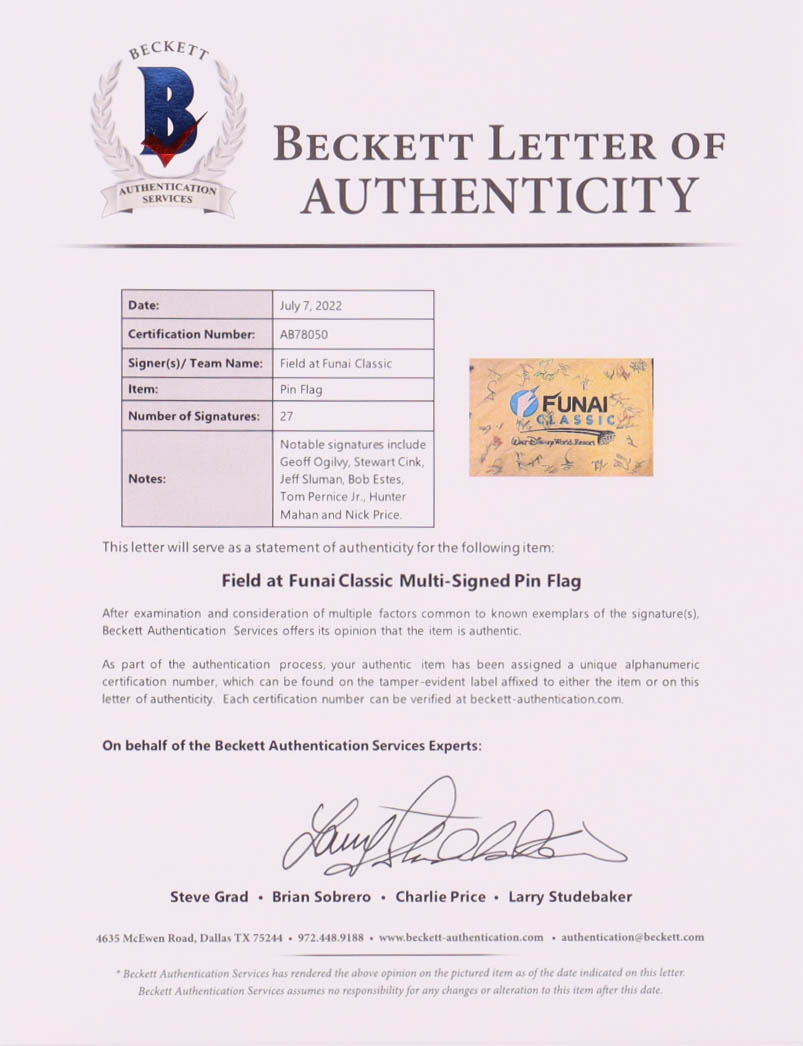 Funai Classic Pin Flag Signed by (27) with Geoff Ogilvy, Stewart Cink ...