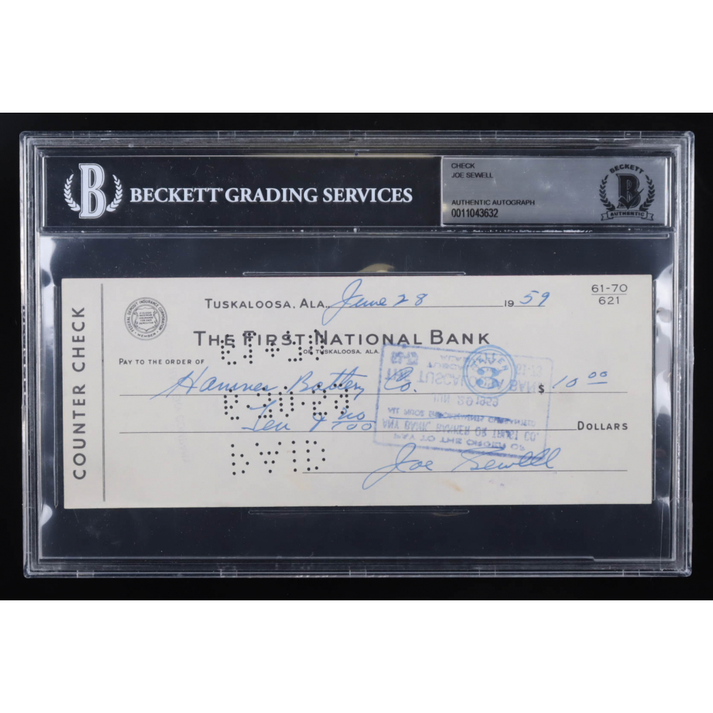 Joe Sewell Signed Bank Check (Beckett) | Pristine Auction