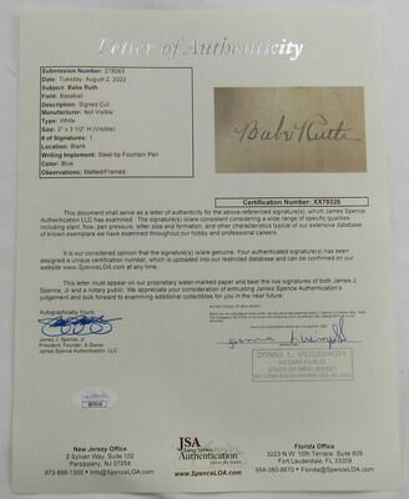 Babe Ruth Custom Framed Yankees Display with Signed Cut (JSA ...