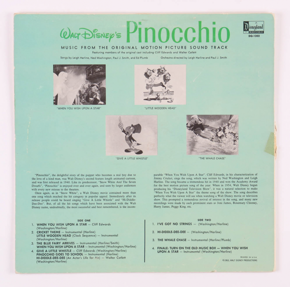 Vintage 1959 Walt Disney's "Pinocchio" Original Soundtrack Vinyl LP ...
