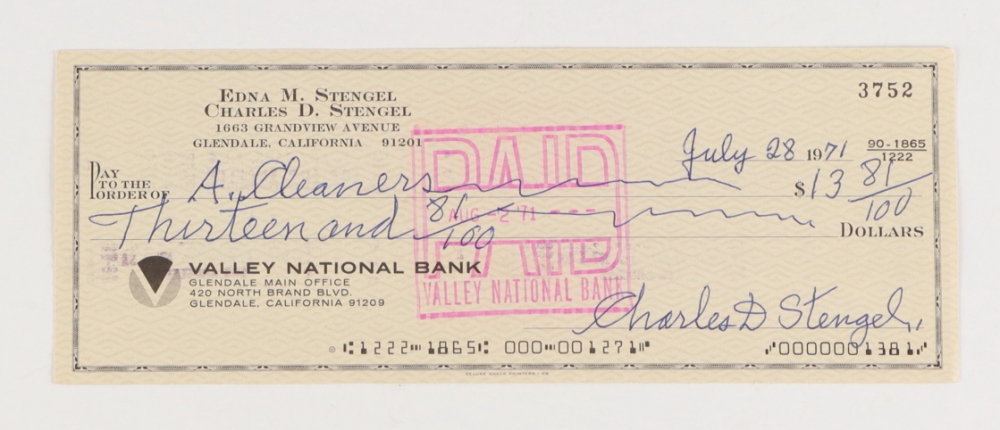 Casey Stengel Signed 1971 Personal Bank Check (Beckett) | Pristine Auction