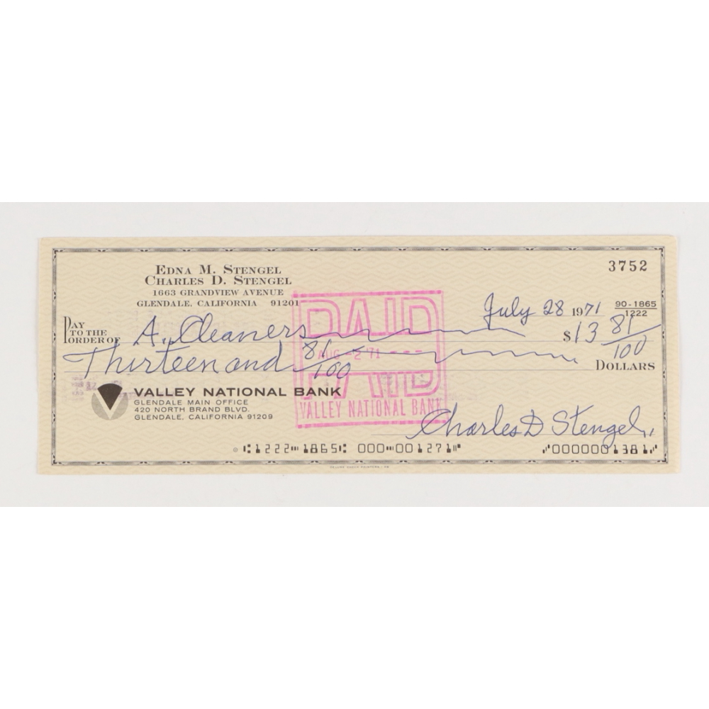 Casey Stengel Signed 1971 Personal Bank Check (Beckett) | Pristine Auction