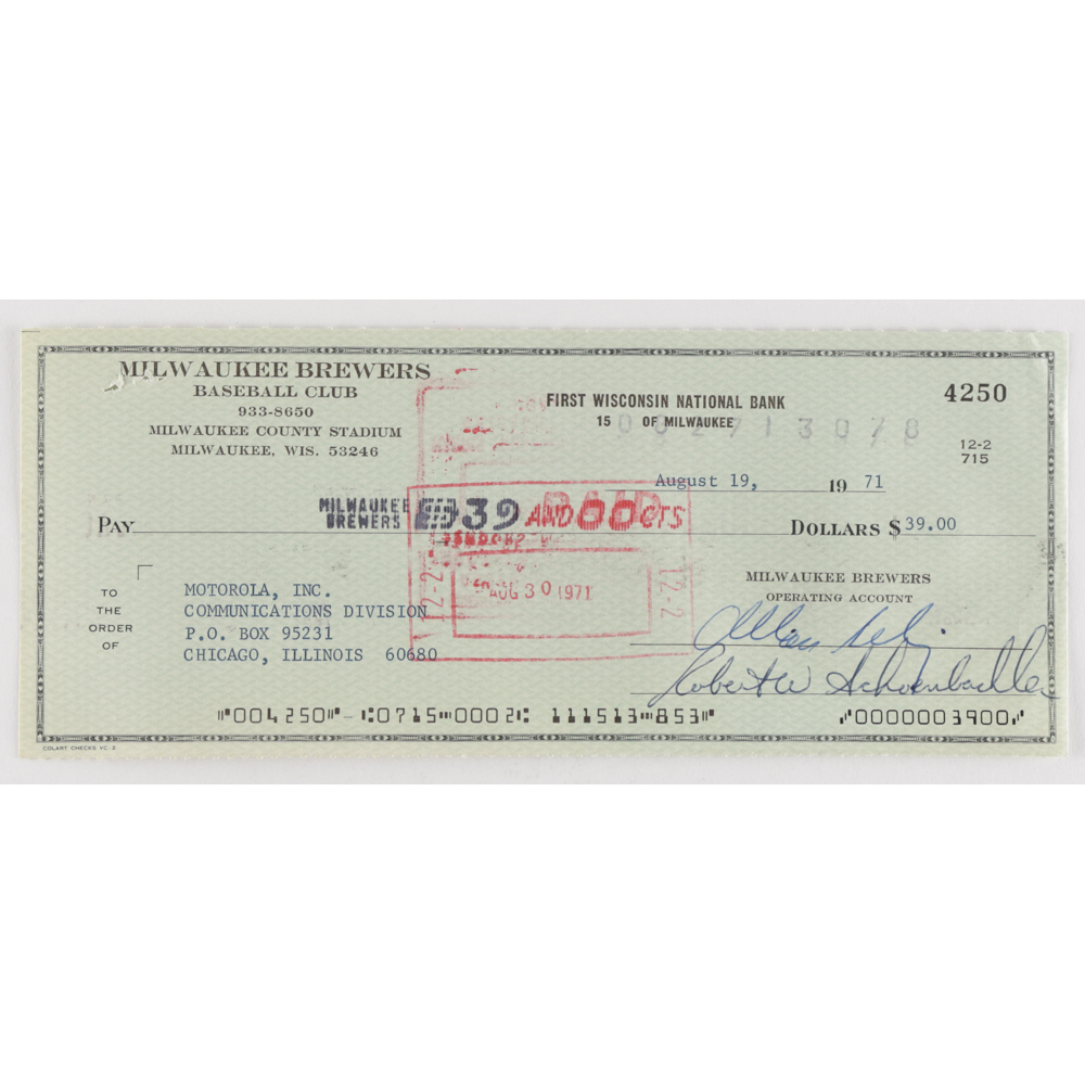 Bud Selig Signed Hand-Written 1971 Personal Bank Check (Beckett ...