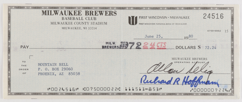Bud Selig Signed Hand-Written 1980 Personal Bank Check (Beckett ...