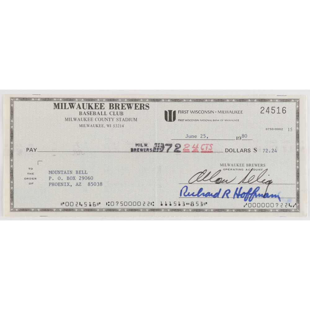 Bud Selig Signed Hand-Written 1980 Personal Bank Check (Beckett ...
