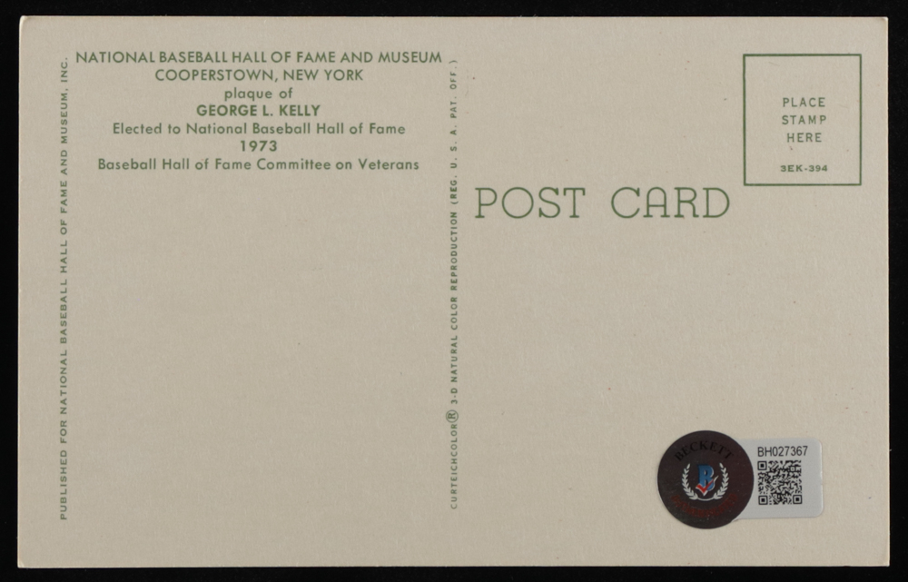 George L. Kelly Signed Hall of Fame Plaque Postcard (Beckett ...