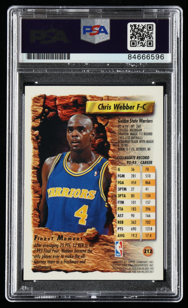 Chris Webber Signed 1993-94 Finest #212 RC Inscribed "HOF 21" & "93/94 ...